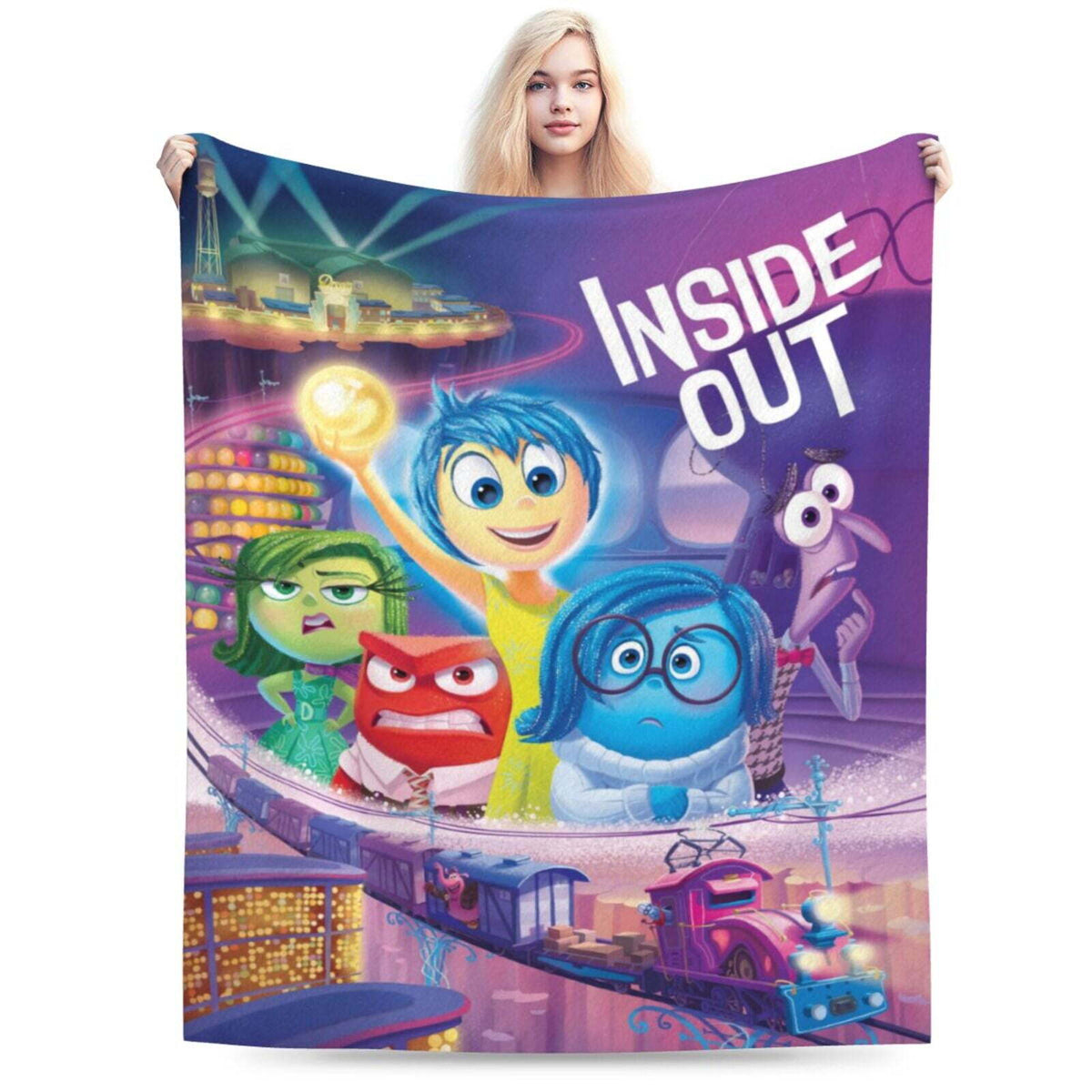 Inside Out Blanket DN Inside Out Characters And Train Blanket Colorful ...