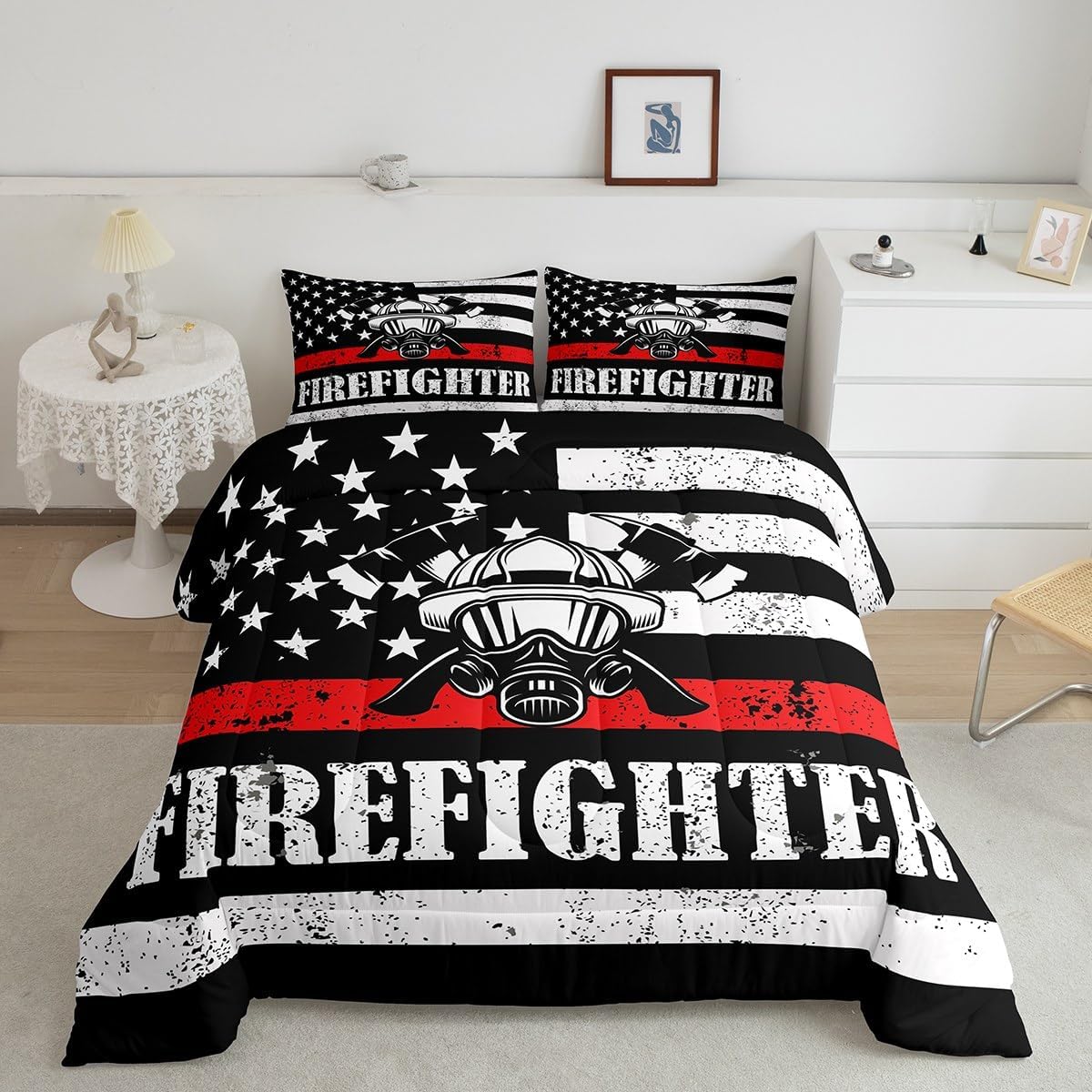 Firefighter Bedding Set Firefighter Helmet American Flag Duvet Covers ...