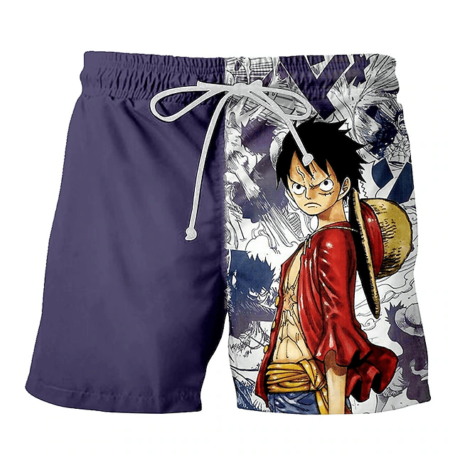 One Piece Shorts Cool Monkey D Luffy Manga Pattern Beach Shorts Purple ...