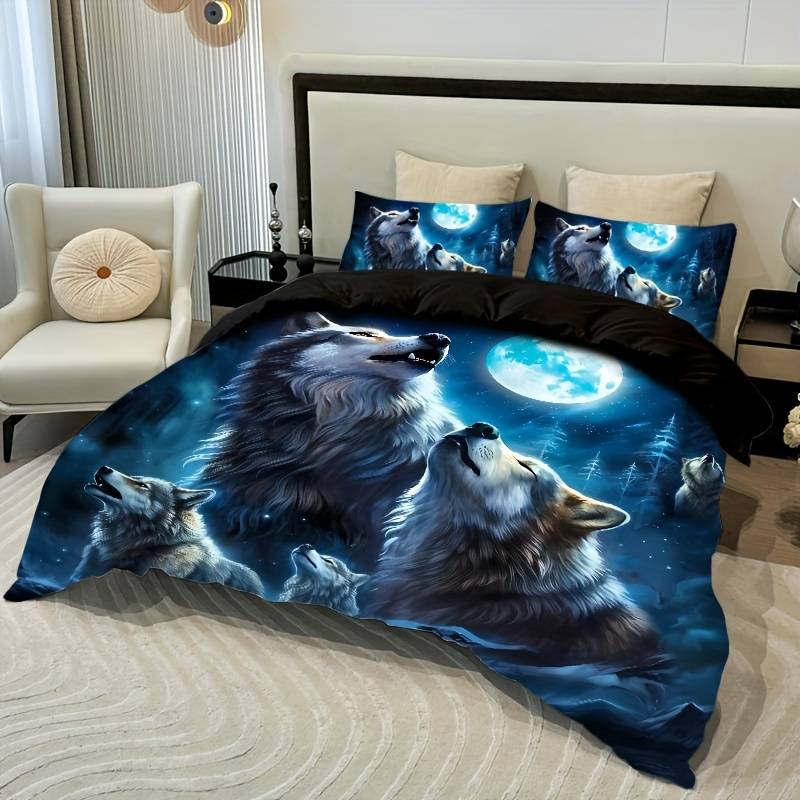 Wolf Bedding Set Wolves Howling In The Moon Duvet Covers Blue Unique G ...