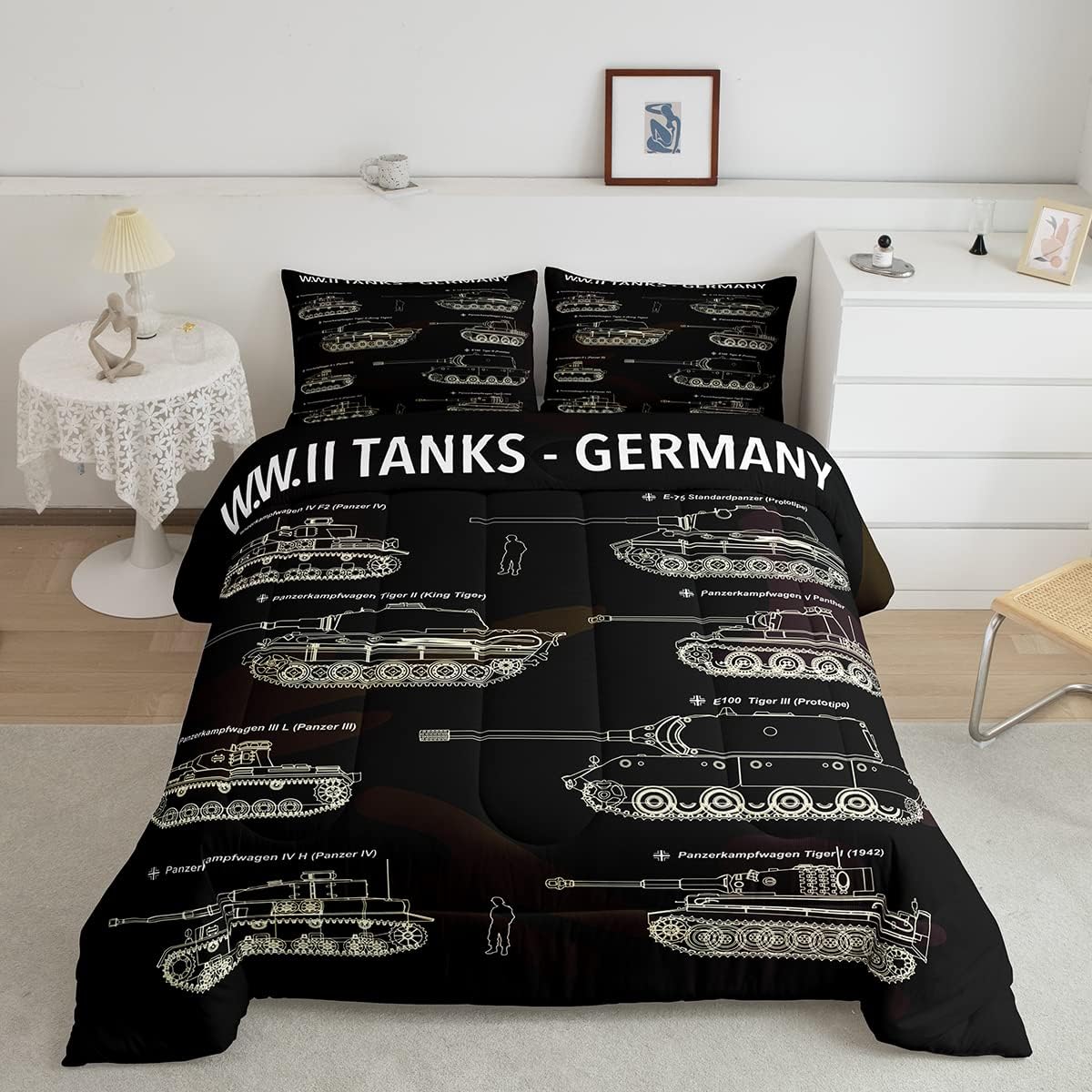 Veteran Bedding Set Army Germany Tanks Sketch Pattern Duvet Covers Bla ...