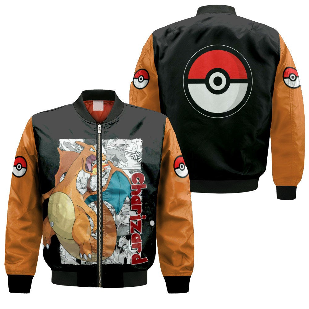 PKM Bomber Jacket Charizard Pokeball Manga Pattern Bomber Black Orange ...