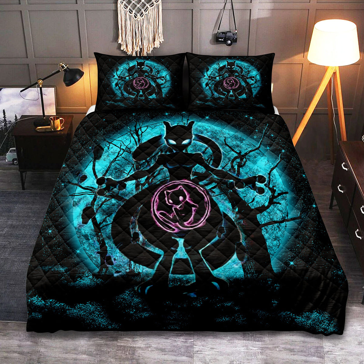 PKM Bedding Set PKM Mew And Mewtwo Moonlight Duvet Covers Black Blue U ...