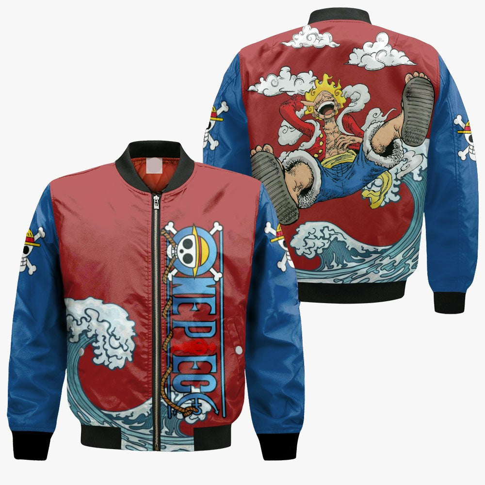 One Piece Bomber Jacket Luffy Gear 5 Nika Great Wave Pattern Bomber Bl ...